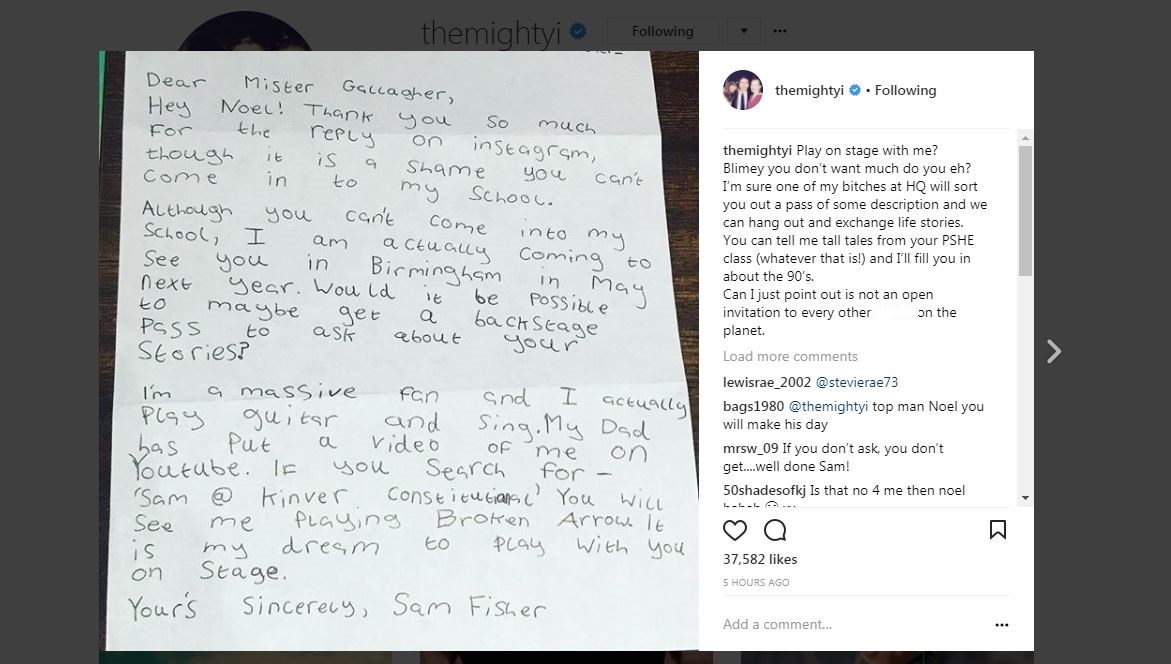 Noel Gallagher shares heartwarming letters from young fan | Glasgow Times