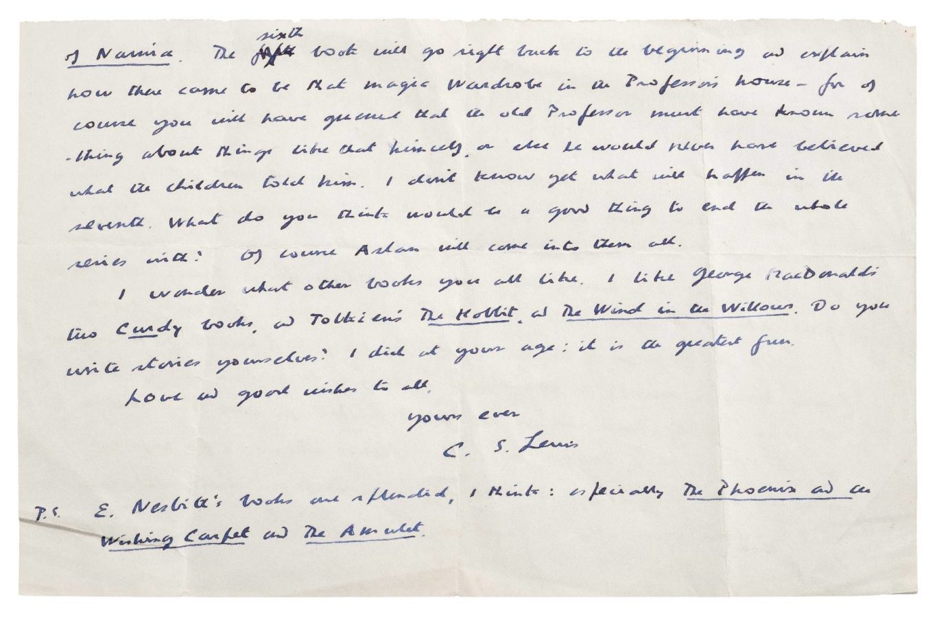 CS Lewis letter to schoolchildren discussing Narnia up for auction ...