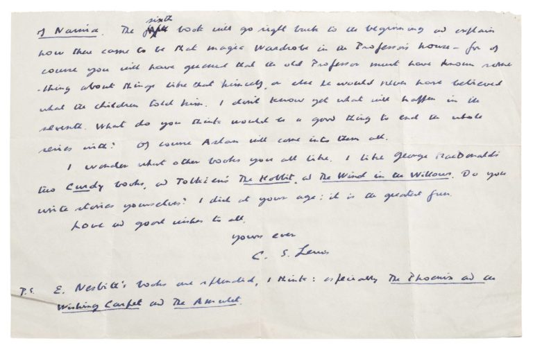CS Lewis letter to schoolchildren discussing Narnia up for auction ...