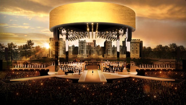 Coronation Concert stage in shape of Union Flag which fans out into ...